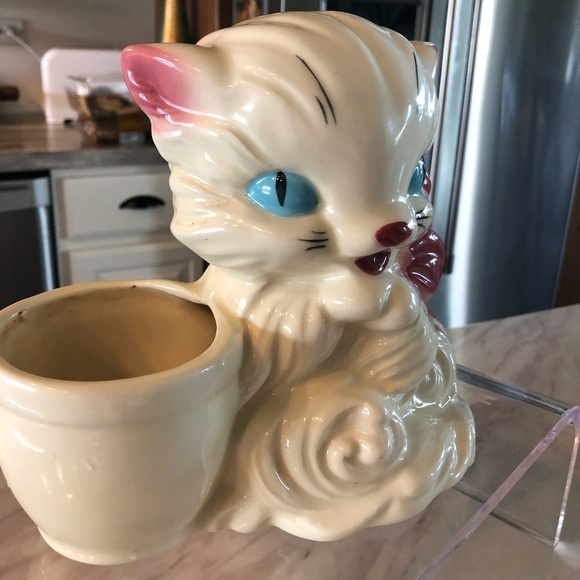 Accents | Vintage White Cat Wpink Bow Planter | Poshmark